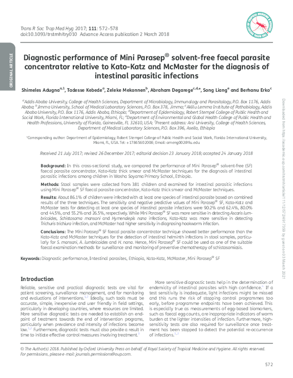 (PDF) Diagnostic performance of Mini Parasep® solvent-free faecal ...