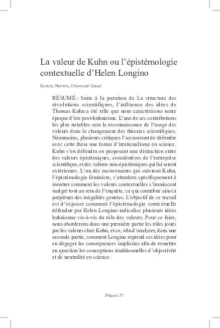 (PDF) La valeur de Kuhn ou l'Épistémologie contextuelle d'Helen Longino