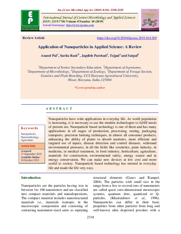 (PDF) Application of Nanoparticles in Applied Science: A Review