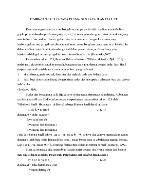 (DOC) PEMBIASAN CAHAYA PADA PRISMA DAN KACA PLAN PARALEL