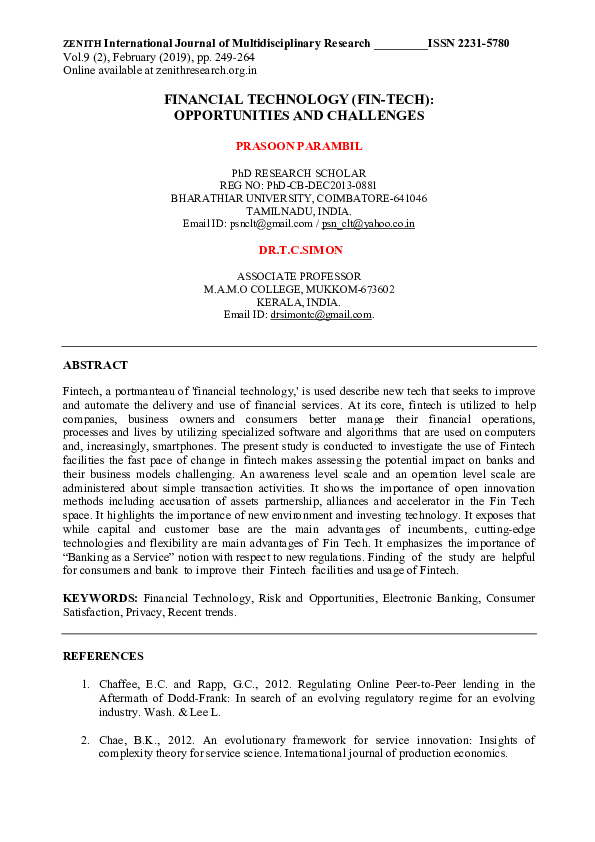 (PDF) FINANCIAL TECHNOLOGY (FIN-TECH): OPPORTUNITIES AND CHALLENGES