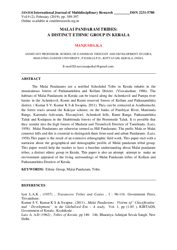 (PDF) MALAI PANDARAM TRIBES: A DISTINCT ETHNIC GROUP IN KERALA