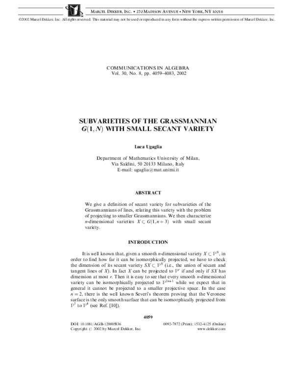 (PDF) Subvarieties of the Grassmannian with Small Secant Variety