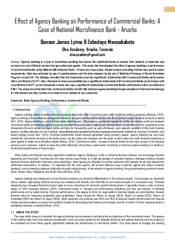 (PDF) Effect of Agency Banking on Performance of Commercial Banks: A ...