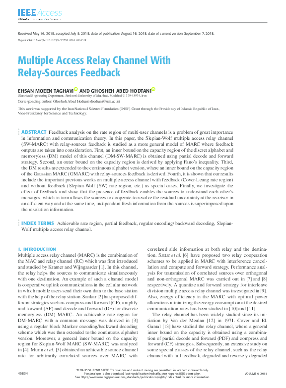 (PDF) Multiple Access Relay Channel With Relay-Sources Feedback