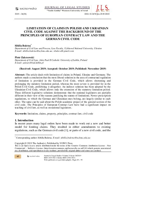 (PDF) Limitation of Claims in Polish and Ukrainian Civil Code Against ...