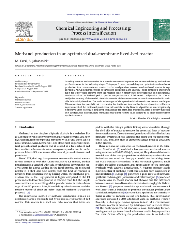 (PDF) Methanol production in an optimized dual-membrane fixed-bed reactor