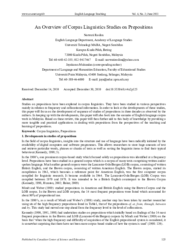 (PDF) An Overview of Corpus Linguistics Studies on Prepositions