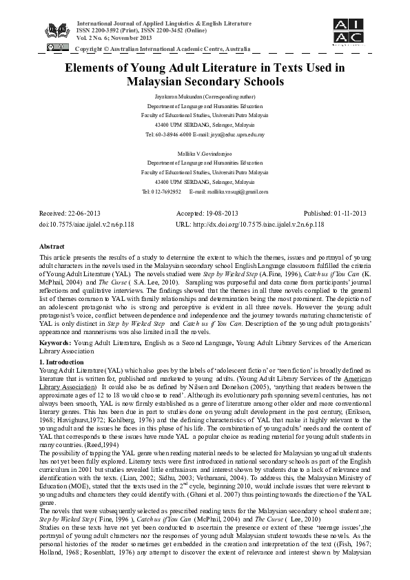 (PDF) Elements of Young Adult Literature in Texts Used in Malaysian ...