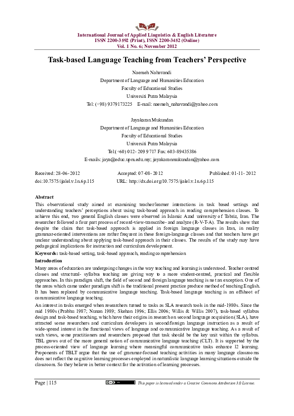(PDF) Task-based Language Teaching from Teachers’ Perspective