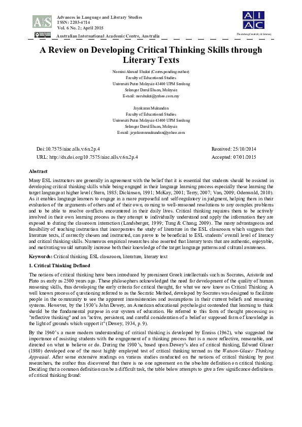 (PDF) A Review on Developing Critical Thinking Skills through Literary ...