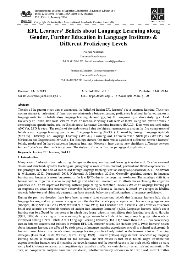 Pdf Efl Learners Beliefs About Language Learning Along Gender