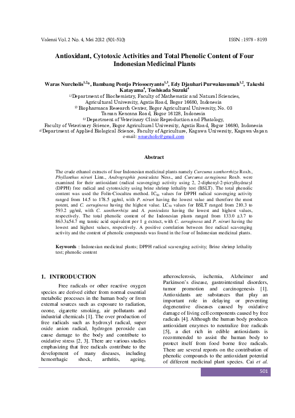 (PDF) Antioxidant, Cytotoxic Activities and Total Phenolic Content of Four Indonesian Medicinal ...