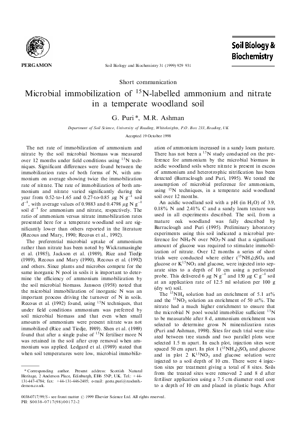 (PDF) Microbial immobilization of 15N-labelled ammonium and nitrate in ...