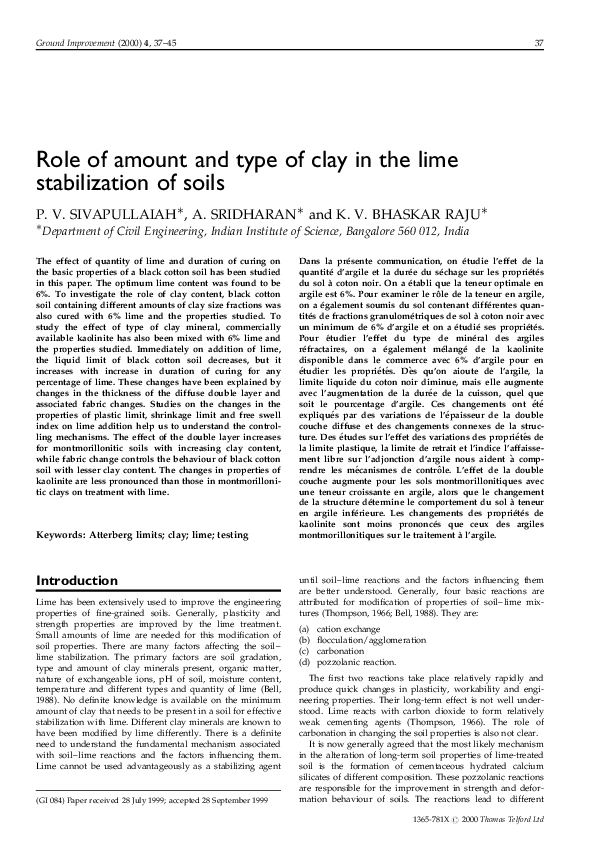 (PDF) Role of amount and type of clay in the lime stabilization of soils