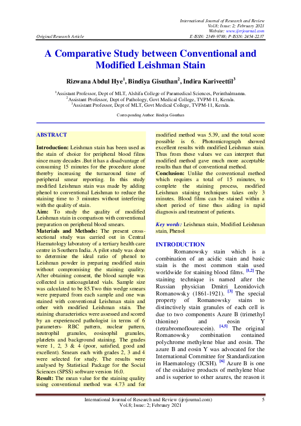 (PDF) A Comparative Study between Conventional and Modified Leishman Stain