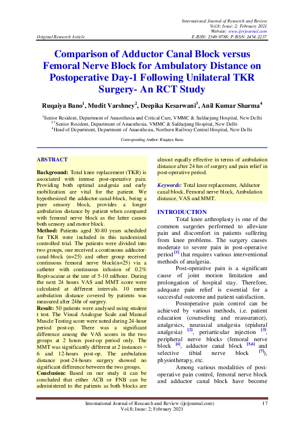 Pdf Comparison Of Adductor Canal Block Versus Femoral Nerve Block For