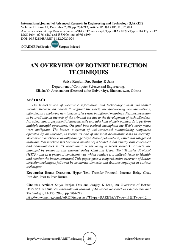 (PDF) AN OVERVIEW OF BOTNET DETECTION TECHNIQUES
