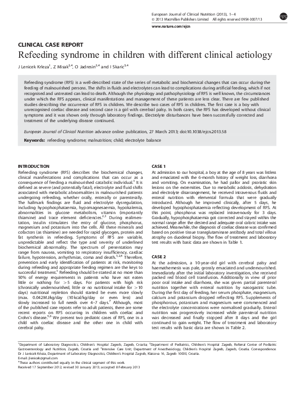(PDF) Refeeding syndrome in children with different clinical aetiology