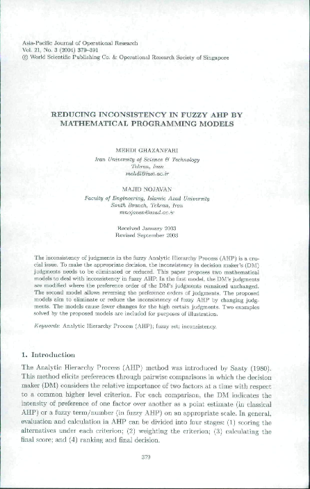 (PDF) Educing Inconsistency in Fuzzy Ahp by Mathematical Programming Models