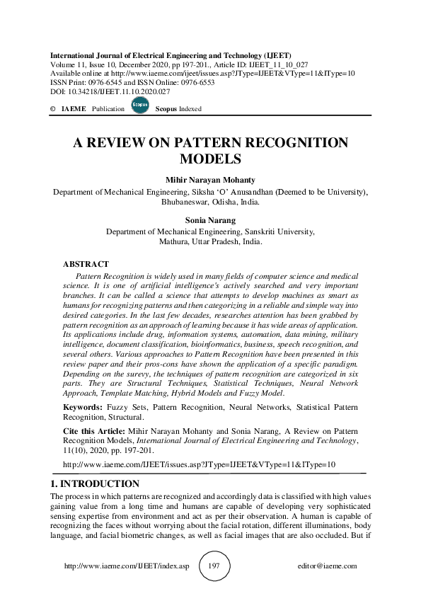 (PDF) A REVIEW ON PATTERN RECOGNITION MODELS