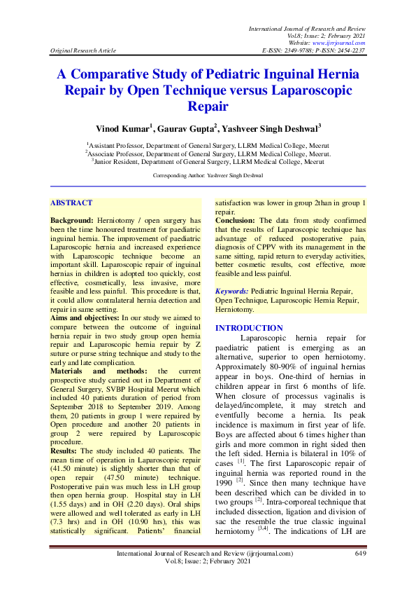 (PDF) A Comparative Study of Pediatric Inguinal Hernia Repair by Open Technique versus ...