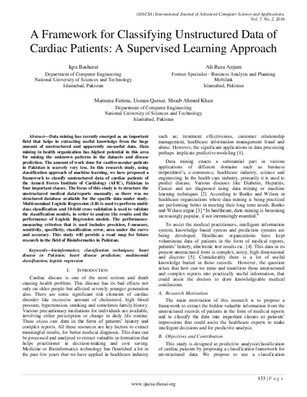 Pdf A Framework For Classifying Unstructured Data Of Cardiac Patients A Supervised Learning