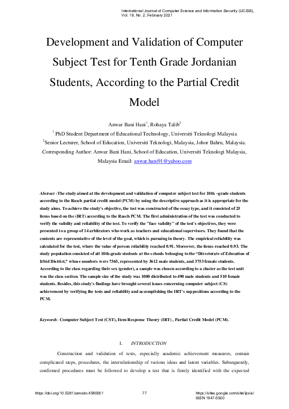 (PDF) Development and Validation of Computer Subject Test for Tenth ...