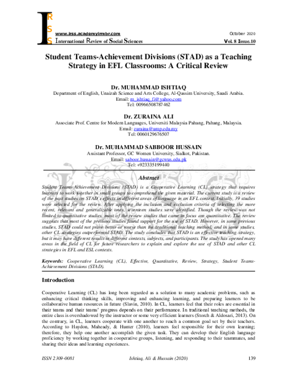 (PDF) Student Teams-Achievement Divisions (STAD) as a Teaching Strategy ...