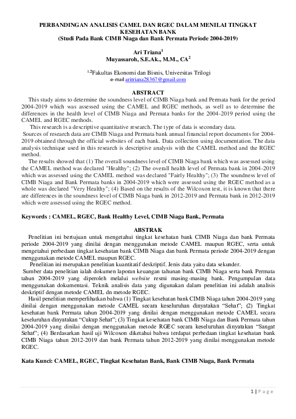 (PDF) PERBANDINGAN ANALISIS CAMEL DAN RGEC DALAM MENILAI TINGKAT KESEHATAN BANK (Studi Pada Bank ...