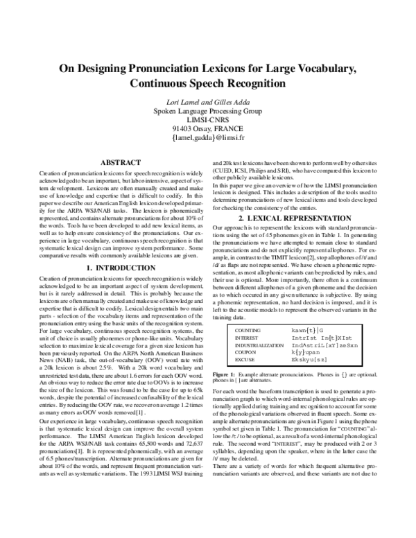 (PDF) On designing pronunciation lexicons for large vocabulary continuous speech recognition