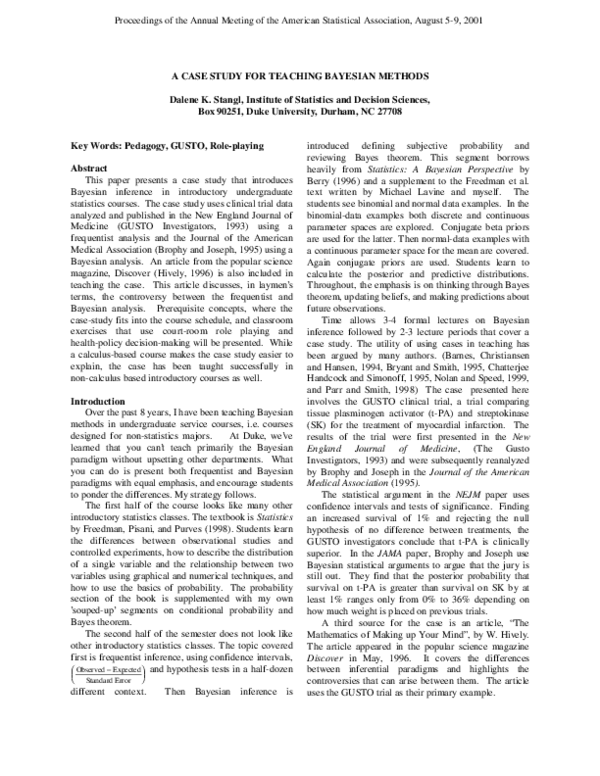 (PDF) A Case Study for Teaching Bayesian Methods (PDF) A Case Study for Teaching Bayesian Methods