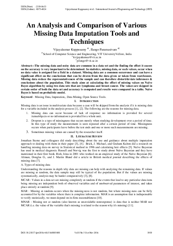 Pdf An Analysis And Comparison Of Various Missing Data Imputation