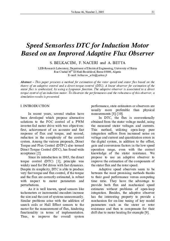 Pdf Speed Sensorless Dtc Of Induction Motor Based On An Improved