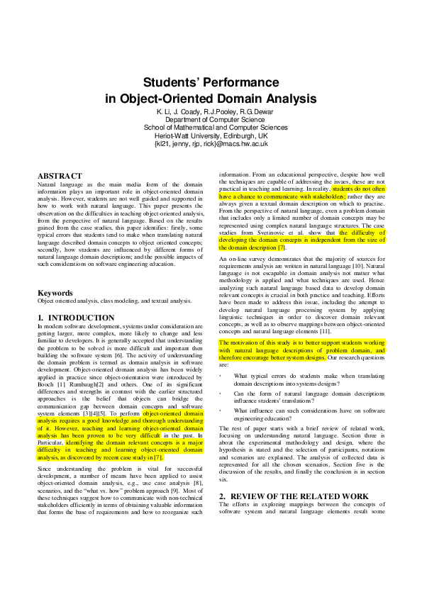 (PDF) Students' Performance in Object-Oriented Domain Analysis