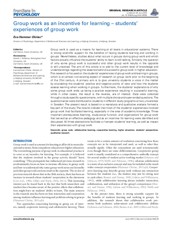 (PDF) Group work as an incentive for learning - students' experiences ...