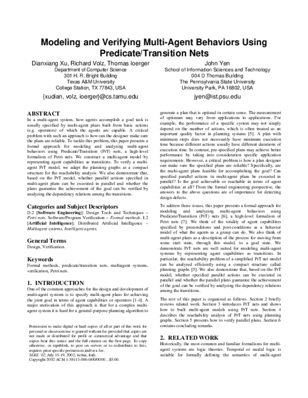 (PDF) Modeling and verifying multi-agent behaviors using predicate/transition nets | John Yen ...