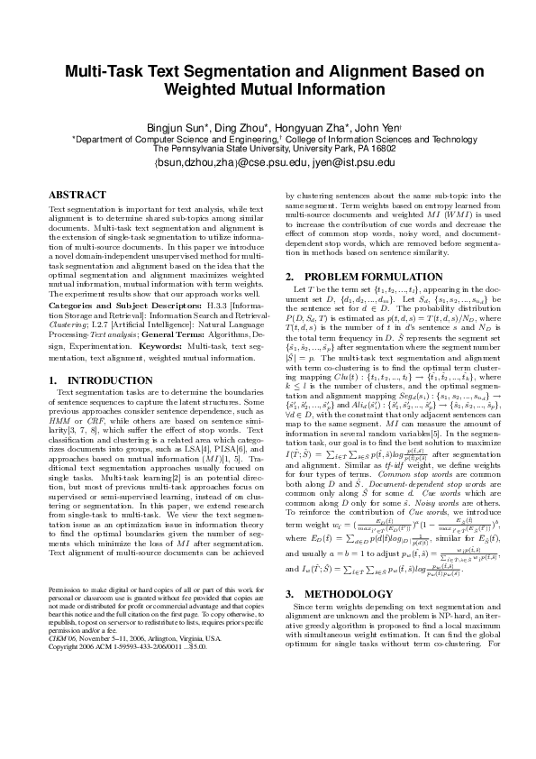 Pdf Multi Task Text Segmentation And Alignment Based On Weighted Mutual Information John Yen