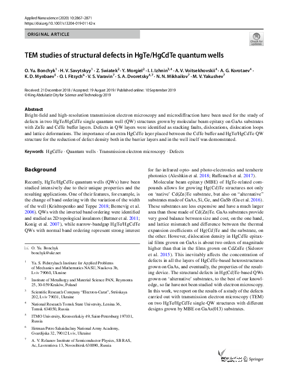 (PDF) TEM studies of structural defects in HgTe/HgCdTe quantum wells