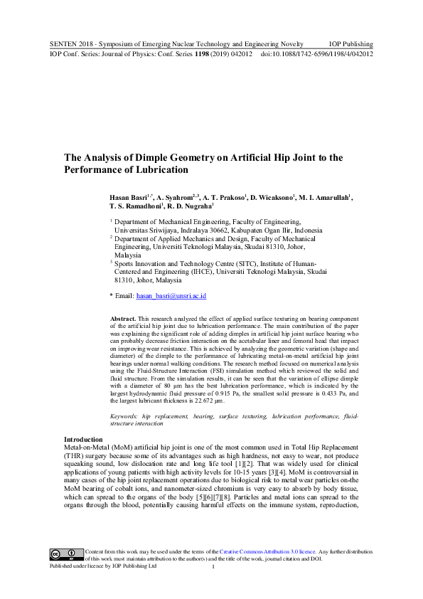 (PDF) The Analysis of Dimple Geometry on Artificial Hip Joint to the ...