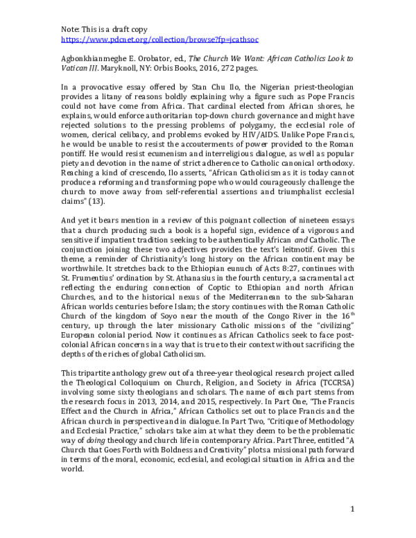 (DOC) Review of Orobator, ed. The Church We Want Review: African ...
