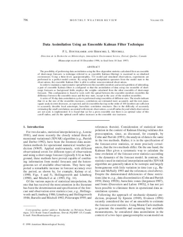 Pdf Data Assimilation Using An Ensemble Kalman Filter Technique