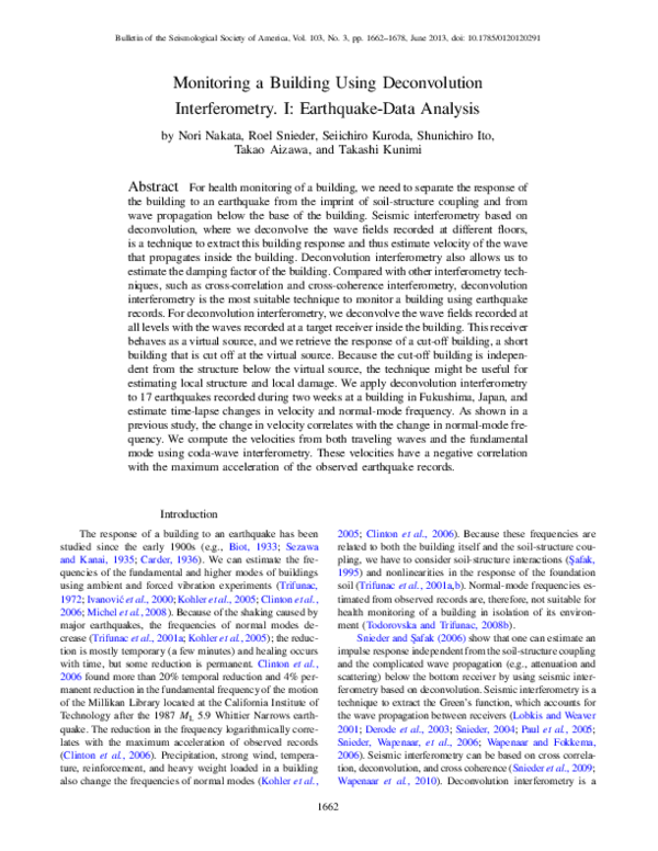 (PDF) Monitoring a Building Using Deconvolution Interferometry. I: Earthquake-Data Analysis