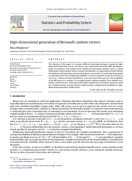 Pdf Generating High Dimensional Bernoulli Vectors Strategies And Models