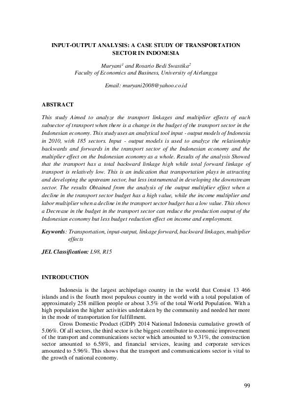 (PDF) INPUT-OUTPUT ANALYSIS A CASE STUDY OF TRANSPORTATION SECTOR IN INDONESIA