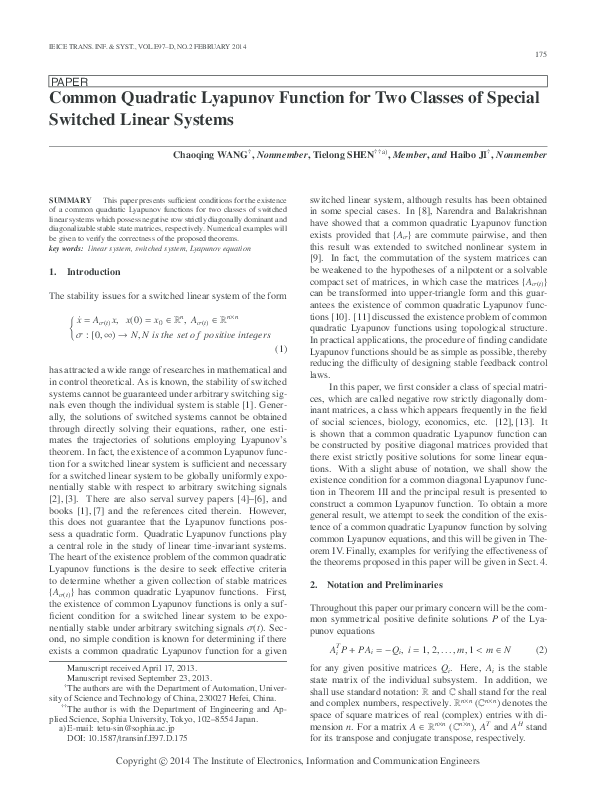 Pdf Common Quadratic Lyapunov Function For Two Classes Of Special Switched Linear Systems