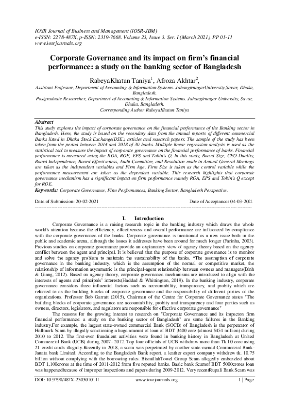 (PDF) Corporate Governance and its impact on firm's financial performance: a study on the ...