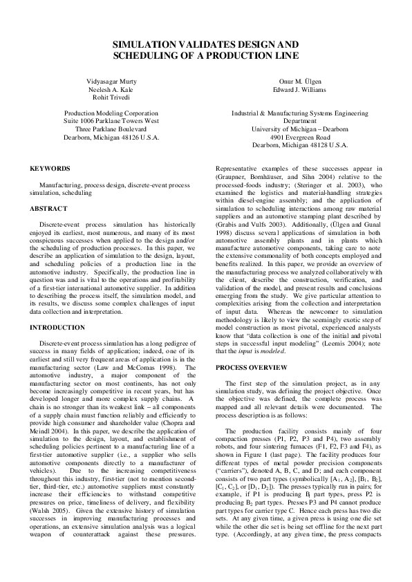 (PDF) Simulation Validates Design and Scheduling of a Production Line