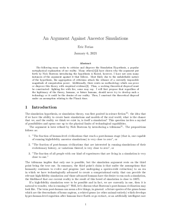 (PDF) An Argument Against Ancestor Simulations