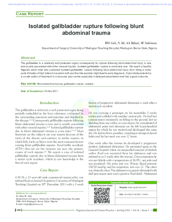 (PDF) Isolated gallbladder rupture following blunt abdominal trauma
